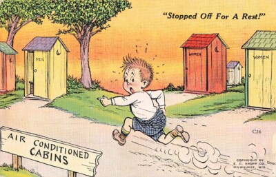 Postcard Comic Outhouse Boy Running Air Conditioned Cabins | eBay