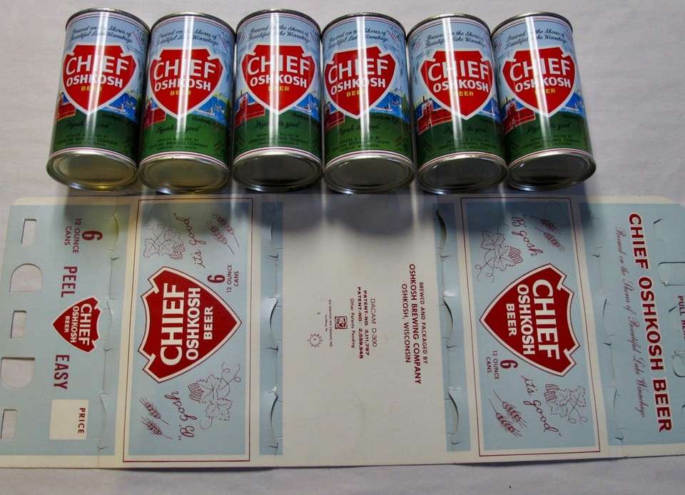 Original 6 Pack Of CHIEF OSHKOSH BOTSOBLW Flat Top Empty Beer Cans | eBay