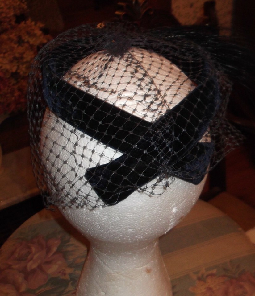 Vtg Net Veiled Blue Velvet Hat Ring ~Halo ~Fascinator W/ Black Feathers ...