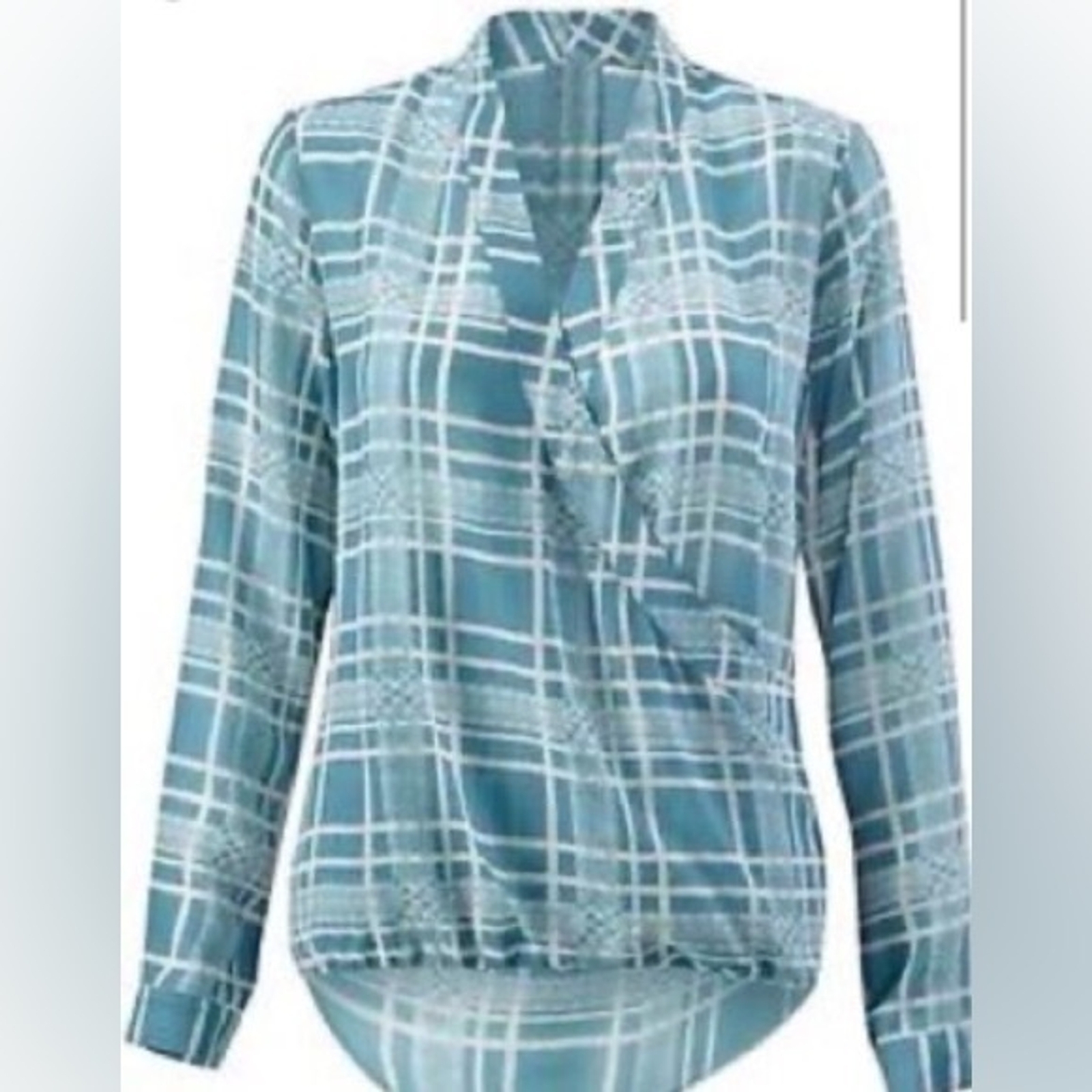 Cabi windowpane plaid wrap top career wear blouse blu… - Gem