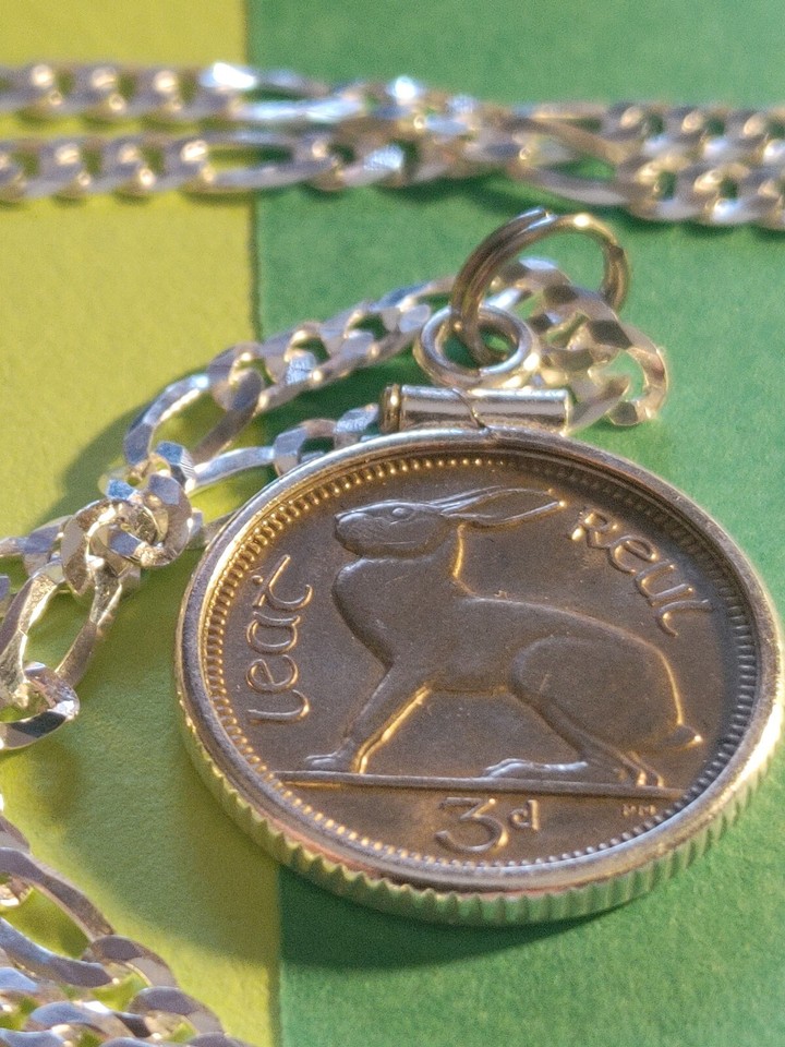 1961 IRELAND LUCKY RABBIT COIN & 22" 925 STERLING SILVER Chain & Coin ...