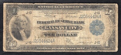 1918 $1/$10 FRBN FEDERAL RESERVE BANK NOTE KANSAS CITY, MO “RAISED NOTE ...