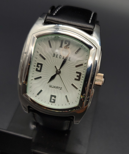Decade Watch Silver Tone Dial Raised Crystal Quartz Black Leather Band ...