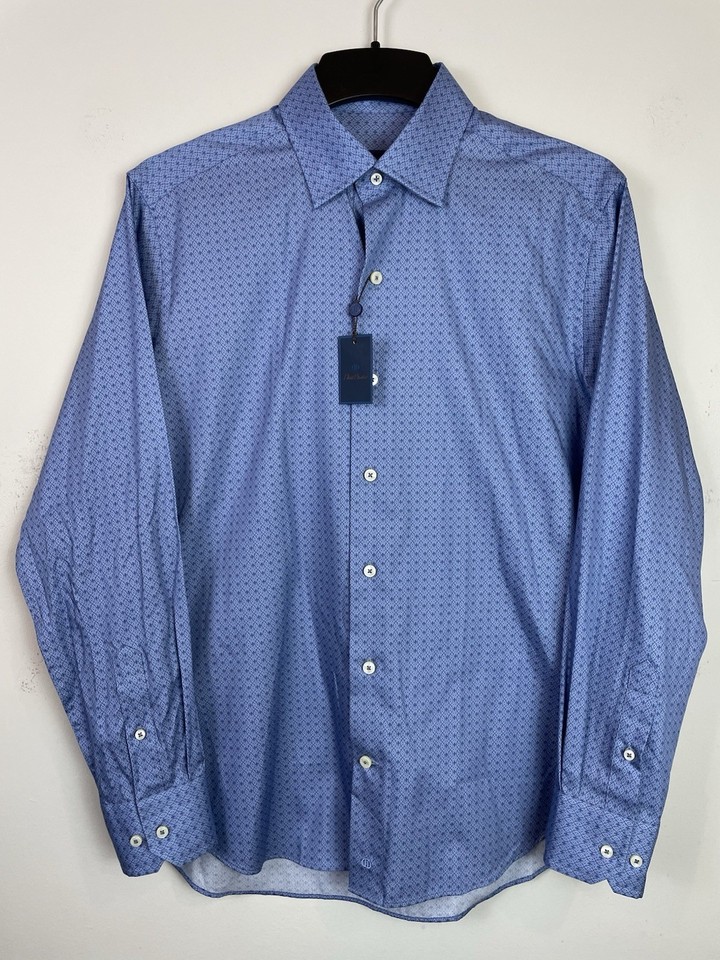 NEW David Donahue Dress Shirt Mens Medium Barrel Cuff Blue Geometric ...