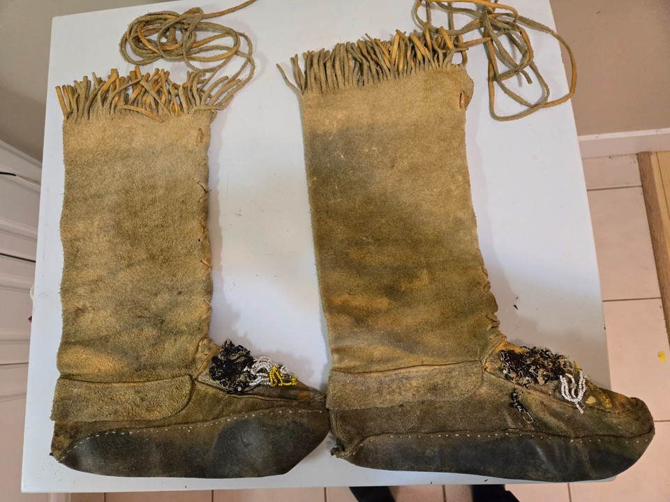 Vintage High-Top Beaded Moose Hide Moccasins - Plains Style, Likely ...