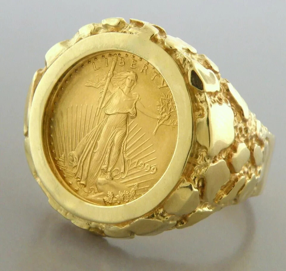 Men's Coin American Eagle Nugget Unisex Band Ring 14K Yellow Gold ...