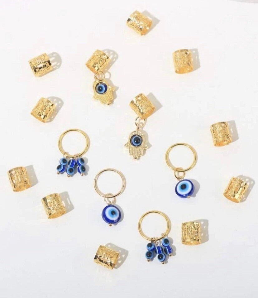 16 piece gold hair rings and evil eye charms & hand of hamsa charms | eBay UK