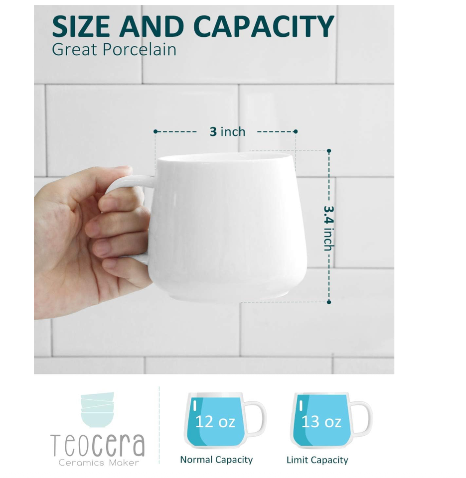 Porcelain Coffee Mugs Set of 4-12 Ounce Cups with Handle for Hot or ...
