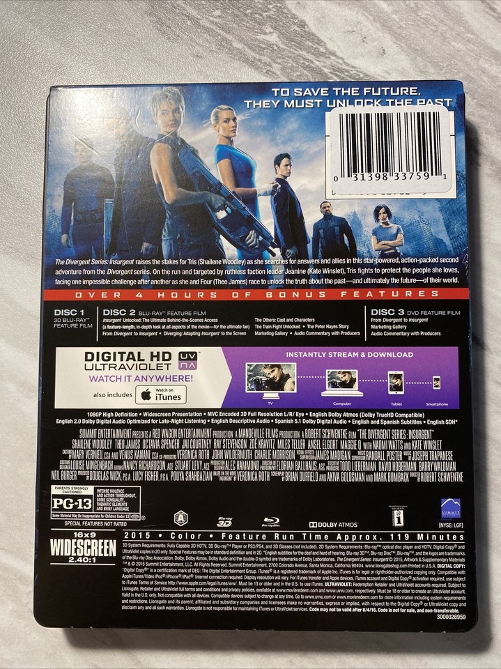 The Divergent Series: Insurgent (Blu-ray/DVD, 3D) Steelbook,No Digital ...