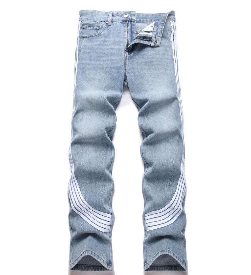 Men's Light Blue Denim Jeans Straight Leg Casual Pants Punk Hip Hop ...