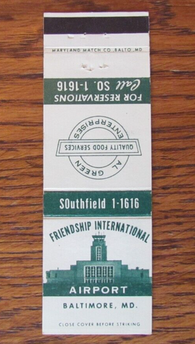 AIRPORT MATCHBOOK COVER: FRIENDSHIP INTERNATIONAL BALTIMORE, MD ...