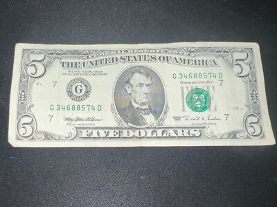 1995 5 Dollar Bill Small Face Circulated Atlanta G Series (Federal bank ...