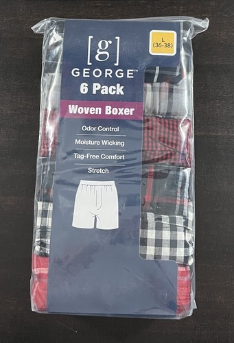George 6-Pack Woven Boxers Mens L 36-38 Odor Control Moisture Wicking ...