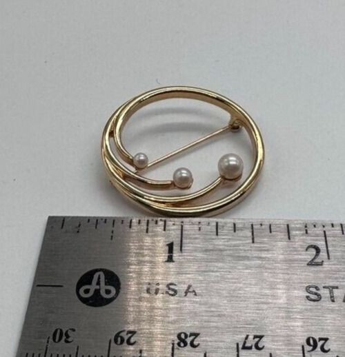 Vintage Monet Classic Circle Pin Brooch Simulated Pearl Gold Tone | eBay