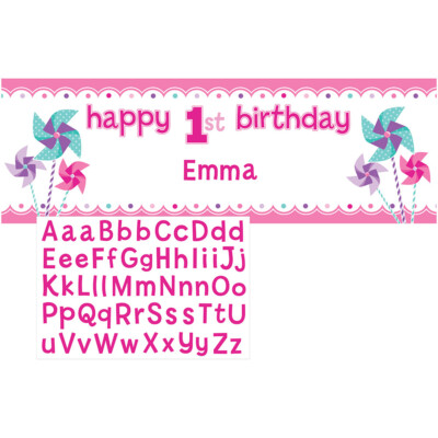 1st First Turning One Girl Party Supplies Personalised Banner Pink ...