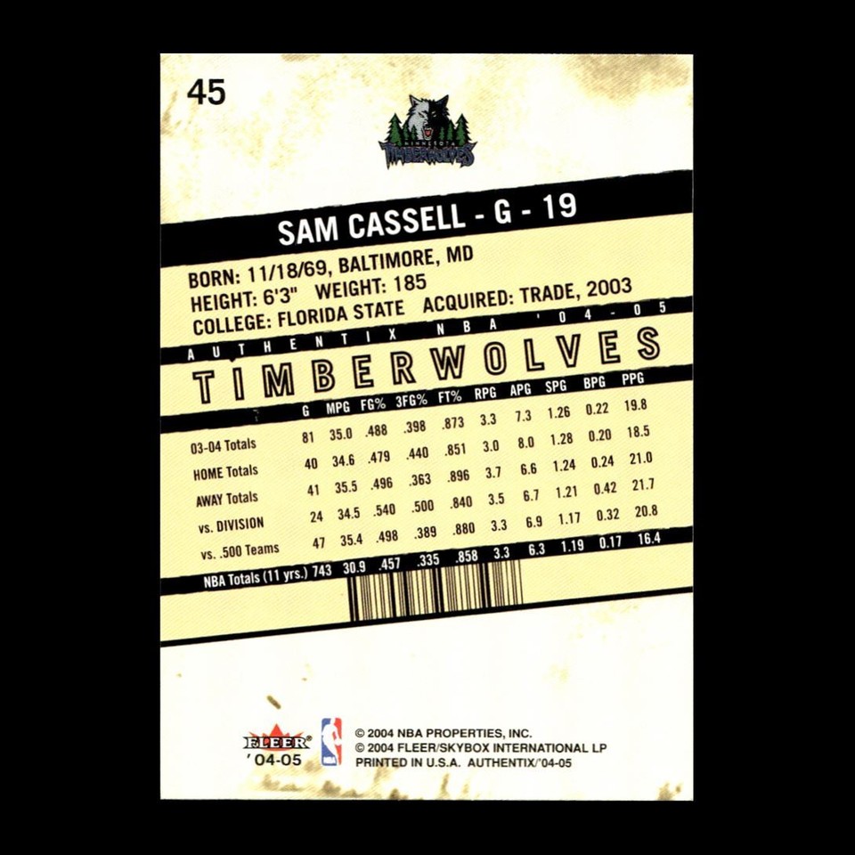 Sam Cassell 2004-05 Fleer Authentix Minnesota Timberwolves #45 R328D 67 ...