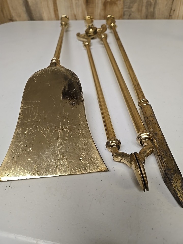 Vintage MCM Regency Style Polished Heavy Brass Fireplace 3 Piece Tool ...