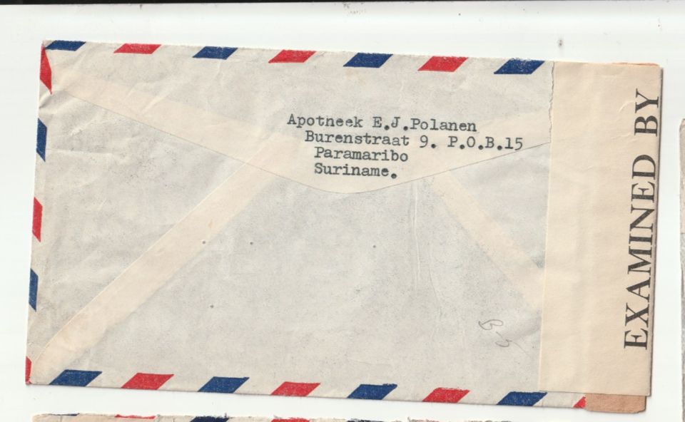 Suriname, WW II censor 12.2.43 to Montreal. Resealing label over ...