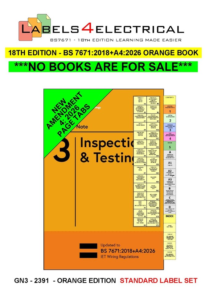 18th Edition PAGE TABS MARKERS BS7671 AMENDMENT 4: 2026 ORANGE & A2 ...