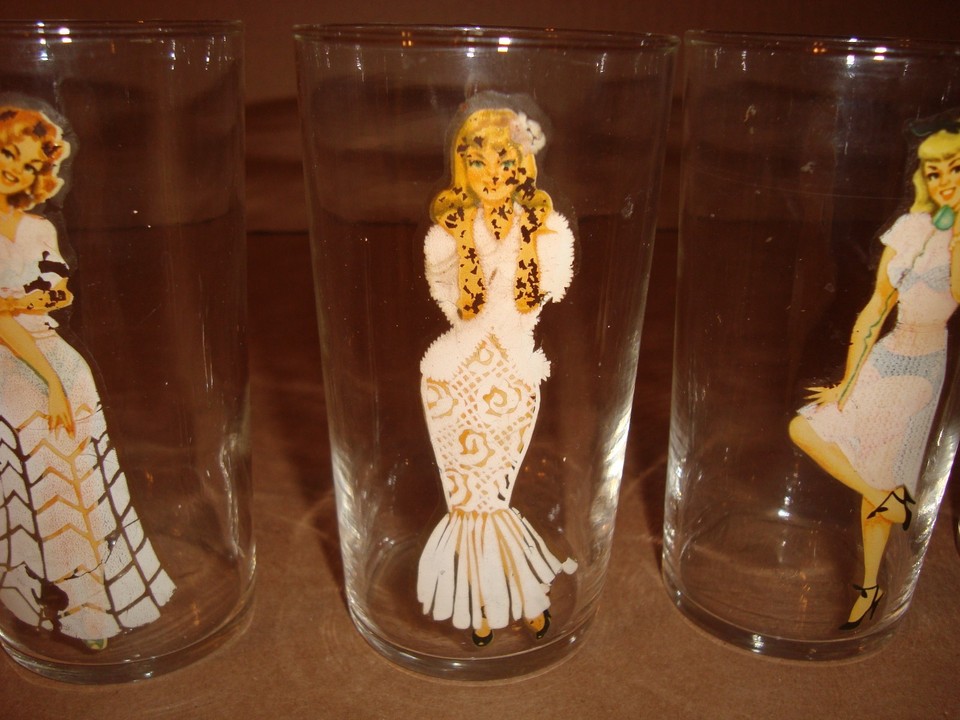 5 VINTAGE 1940'S PINUP GIRL PEEK-A-BOO NUDE RISQUE DRINKING GLASSES ...