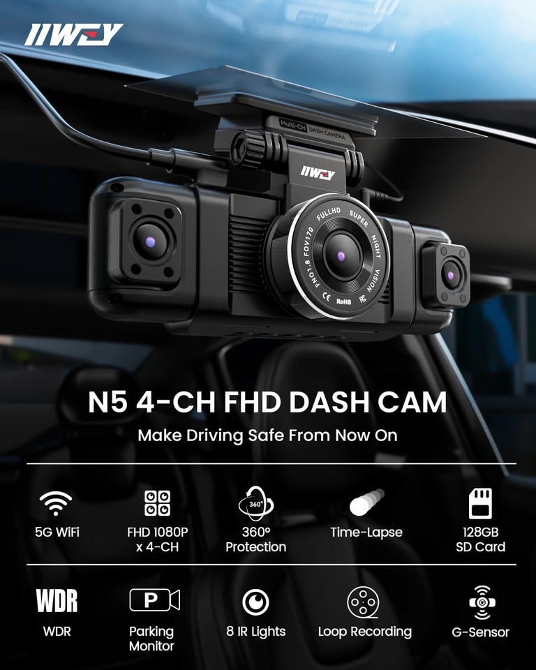 N5 4 Channel Dash Cam 360° View, 1080P Front and Rear Inside, Left ...