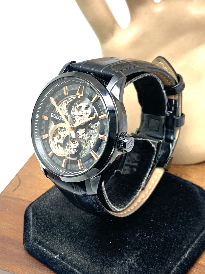 Bulova Men's Watch 98A283 Sutton Automatic Black Dial Leather Strap ...