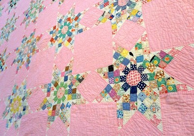 Vtg 30's Touching Stars Quilt Hand stitched Postage stamp Sawtooth Star ...