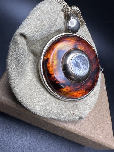 Vintage Bakelite Compass Pendant Round Faux Tortoise Shell Silver Tone ...