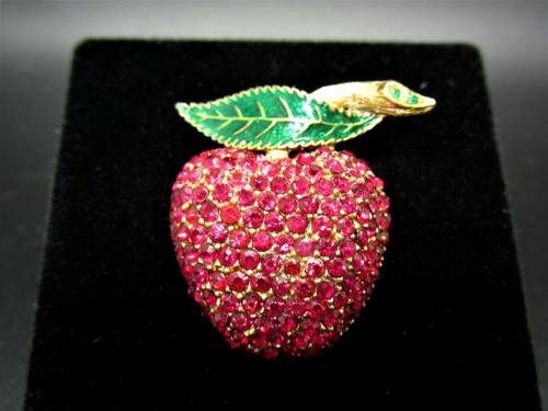 1950s CINER APPLE W/ PAVE' RUBY RED RHINESTONES GREEN… - Gem