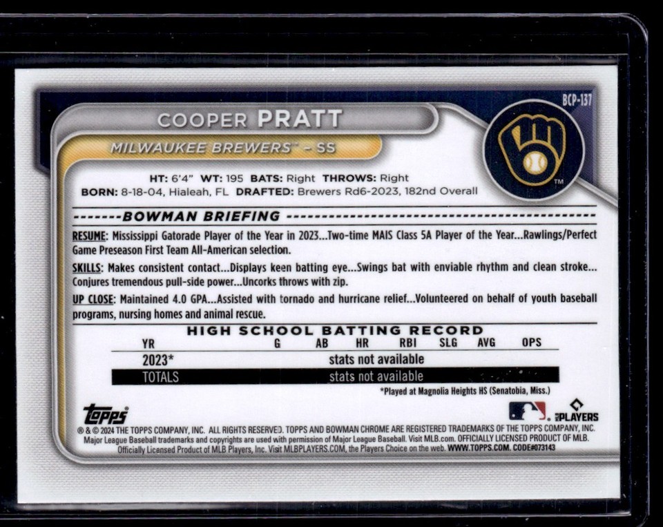 COOPER PRATT 2024 BOWMAN CHROME PROSPECTS MILWAUKEE BREWERS #BCP-137 | eBay