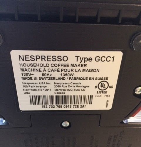 Nespresso Vertuoline Type GCC1 Household Coffee Maker 120V~ 60Hz 1359W ...