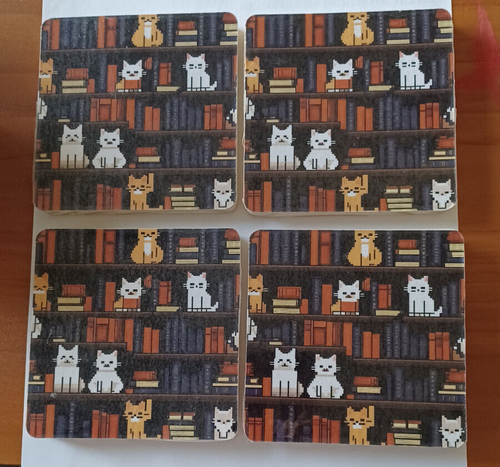 5 piece coaster set -Books and Cats #2 | eBay