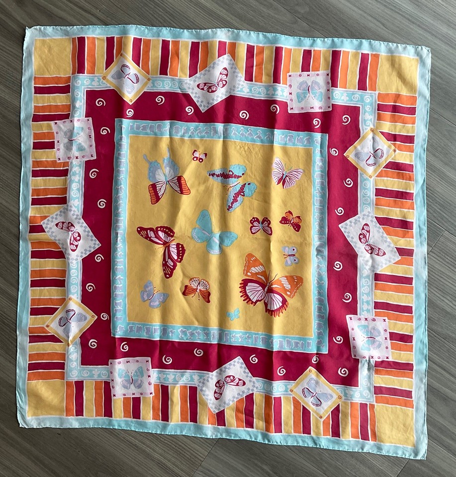 Nice Vintage Floaty Silk Scarf Bright Red Yellow Turquoise Butterfly ...