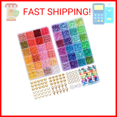 QUEFE 4800pcs Clay Beads for Bracelet Making Kit 48 Colors Flat Round ...