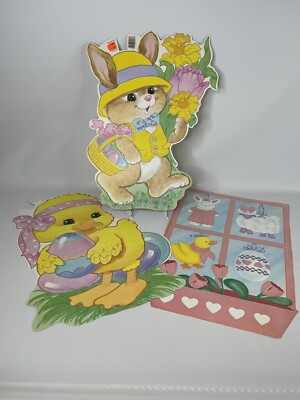 3 Vtg Eureka Die Cut Cardboard Laminated Decorations Easter Bunny Ducky ...