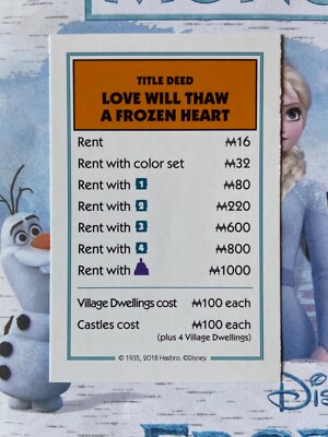 Disney Frozen Monopoly Love Will Thaw Heart Orange Title Deed Card Game ...