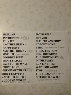 Pink Floyd Roger Waters The Wall Set List | eBay