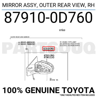 879100D760 Genuine Toyota MIRROR ASSY, OUTER REAR VIEW, RH 87910-0D760 ...
