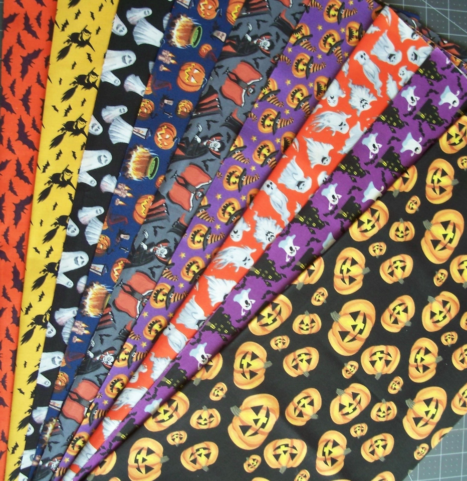 9 Halloween Fat Quarters Bundle Fabric Cotton Pumpkin Ghost vampire bat ...