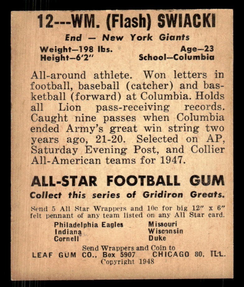 1948 Leaf Football #12 William Swiacki EX/MT *e1 | eBay
