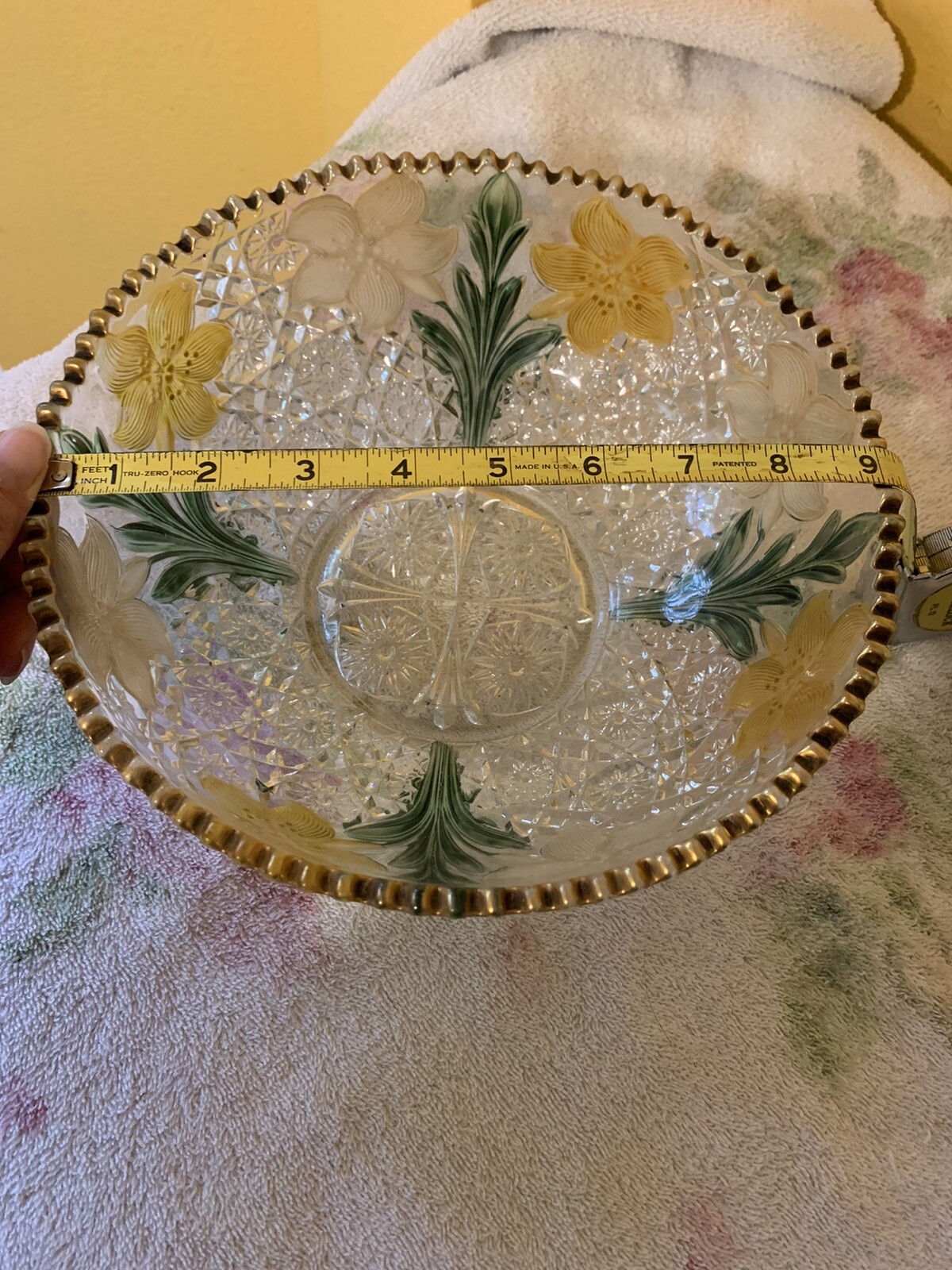Antique Goofus Glass 9” Pressed Glass Centerpiece Bowl w/Yellow Flowers ...