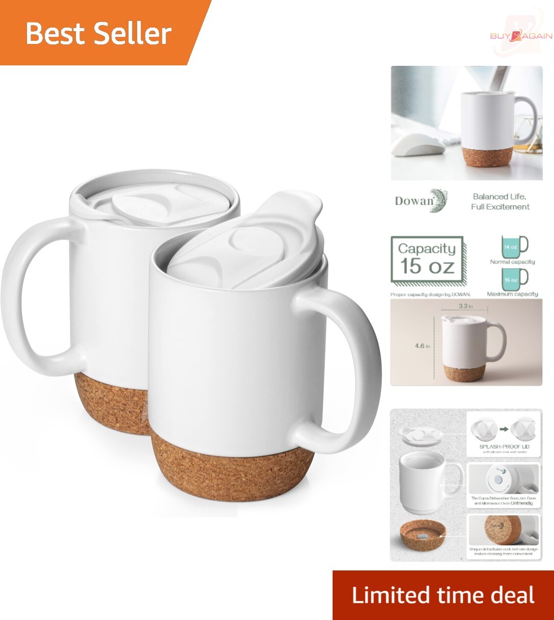 Modern Matte Ceramic Mug Set - Large 15 oz Coffee Mugs with Cork Bottom ...
