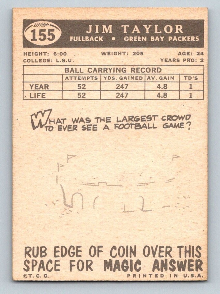 1959 Topps Jim Taylor Rookie Card RC #155 Packers | eBay