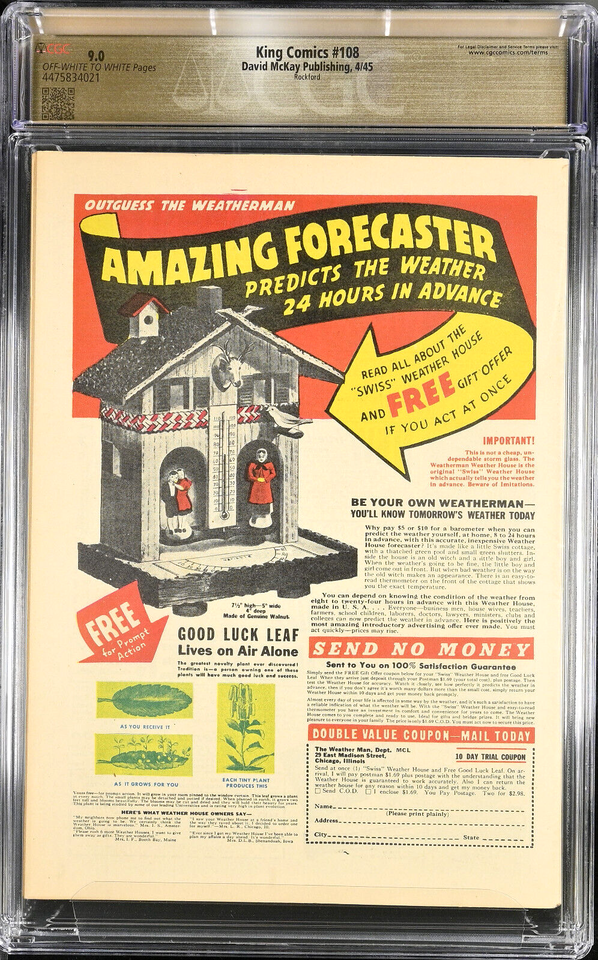 King Comics #108 1945 CGC 9.0 Flash Gordon Lone Ranger Rockford ...