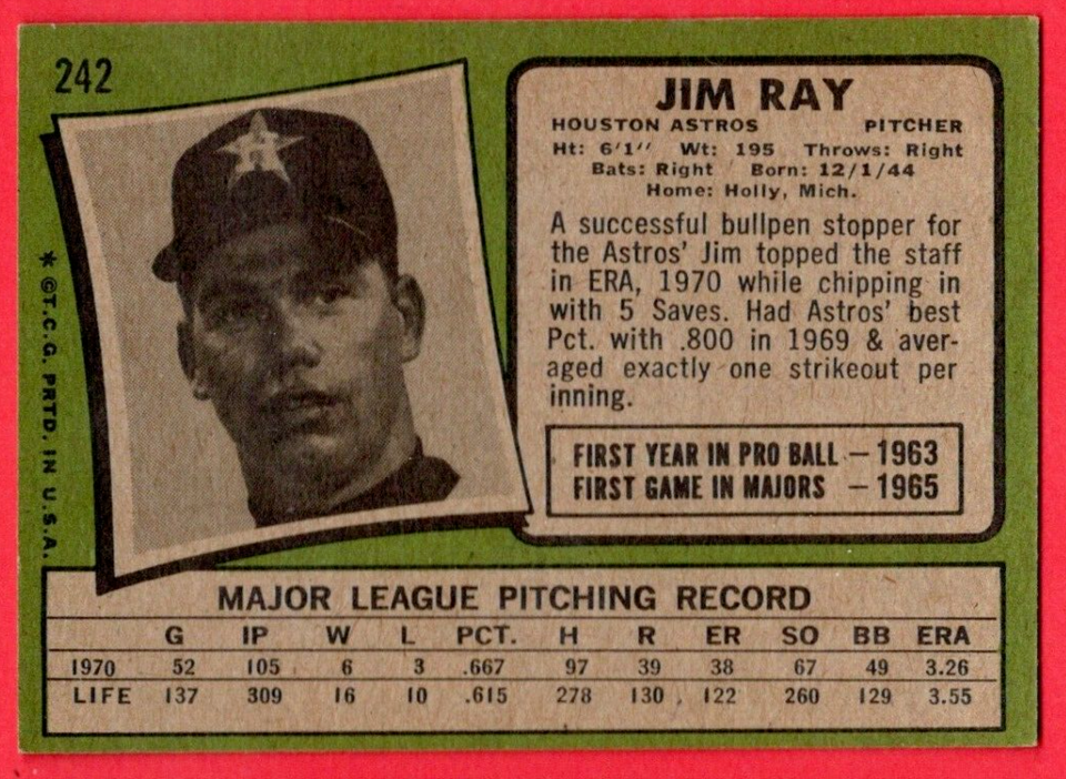 1971 Topps #242 Jim Ray VG/VGEX Astros No Creases | eBay