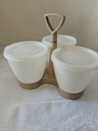 Tupperware Condimate Set Sheer and Tan ~ Dressing Cup Condiment Caddy w ...