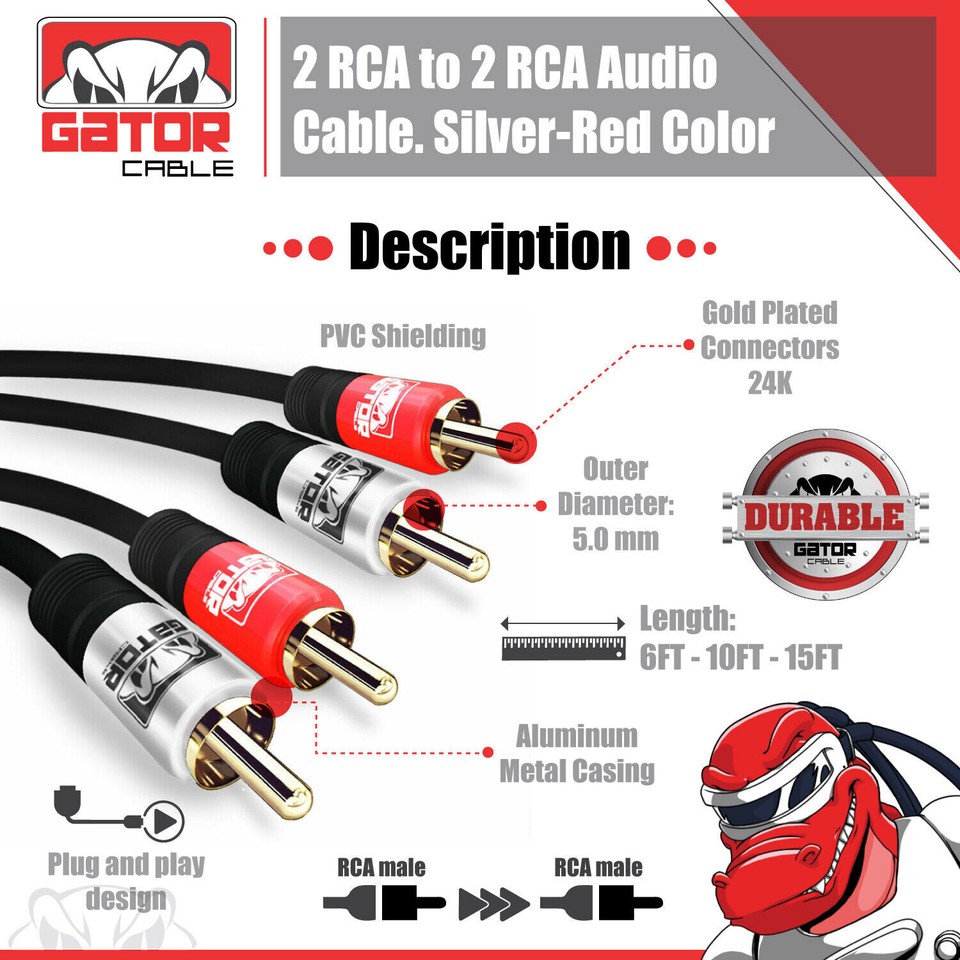 2-RCA to 2-RCA Cable Male Stereo Audio Patch Coaxial Cord L/R Gold ...