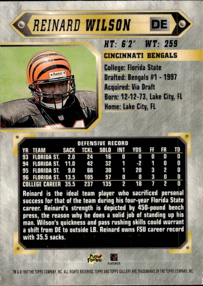 1997 Topps Gallery Reinard Wilson Rookie Cincinnati Bengals #12 | eBay