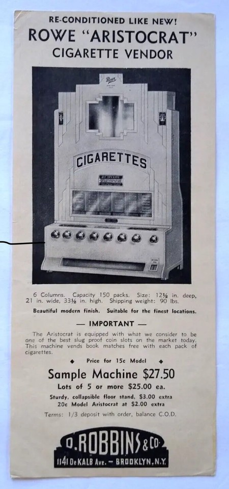 Vintage 1930’s Art Deco Rowe “Aristocrat” Cigarette Vending Machine w ...