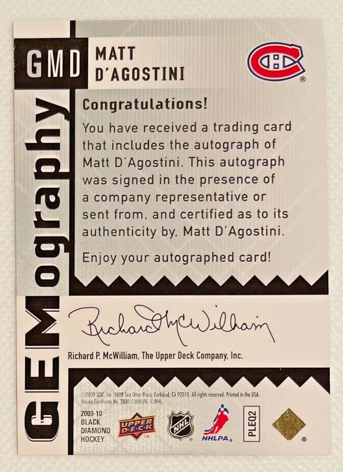 2009-10 Upper Deck Black Diamond Gemography Auto Matt D'Agostini #GMD ...